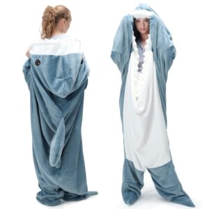 touchat shark blanket for adult super soft cozy flannel throw wearable blanket, cartoon animals shark blanket hoodie, sleeping bag cosplay shark costume blanket gifts for shark lovers (blue, xl)