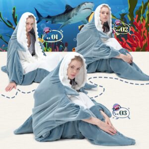 Touchat Shark Blanket for Adult Super Soft Cozy Flannel Throw Wearable Blanket, Cartoon Animals Shark Blanket Hoodie, Sleeping Bag Cosplay Shark Costume Blanket Gifts for Shark Lovers (Blue, XL)