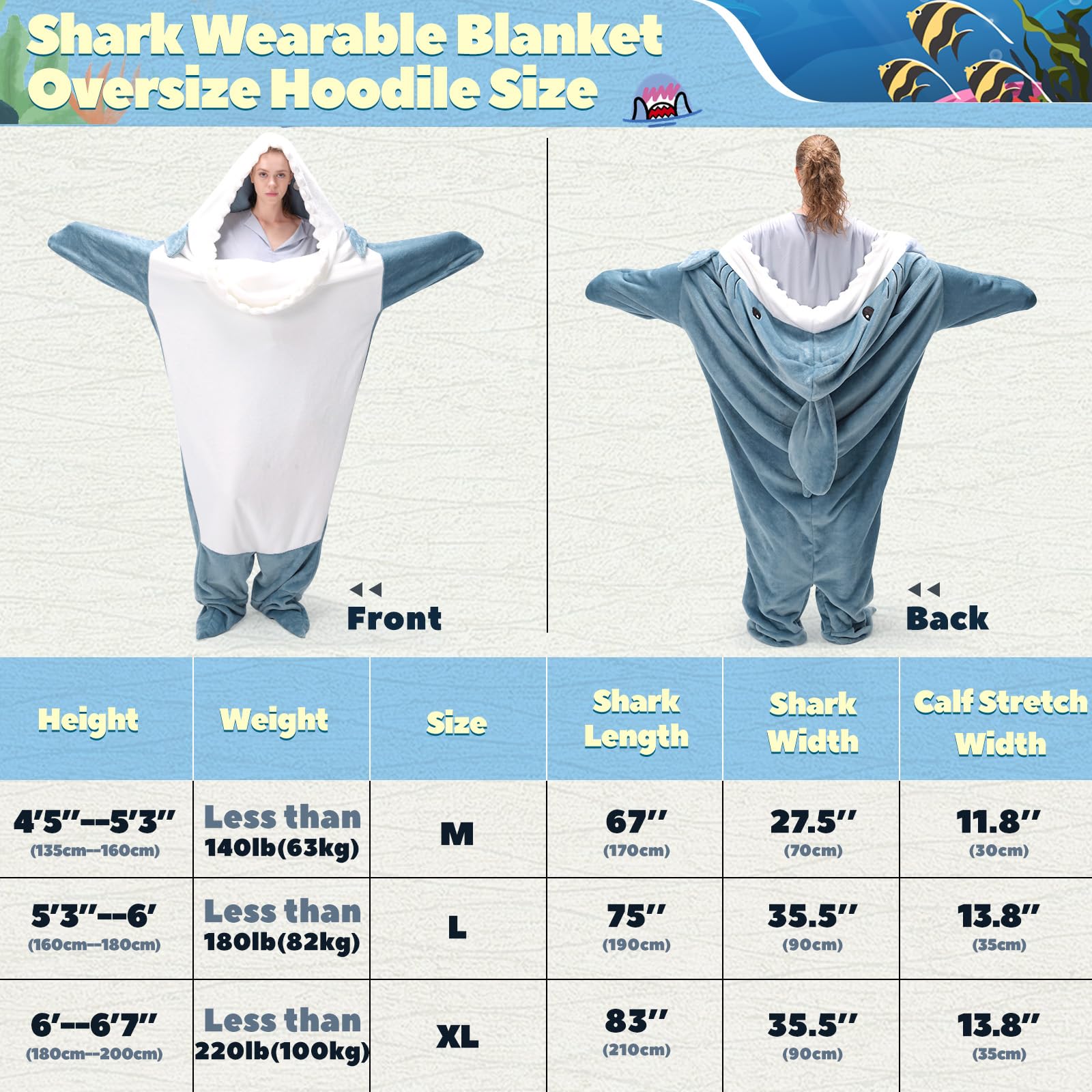 Touchat Shark Blanket for Adult Super Soft Cozy Flannel Throw Wearable Blanket, Cartoon Animals Shark Blanket Hoodie, Sleeping Bag Cosplay Shark Costume Blanket Gifts for Shark Lovers (Blue, XL)