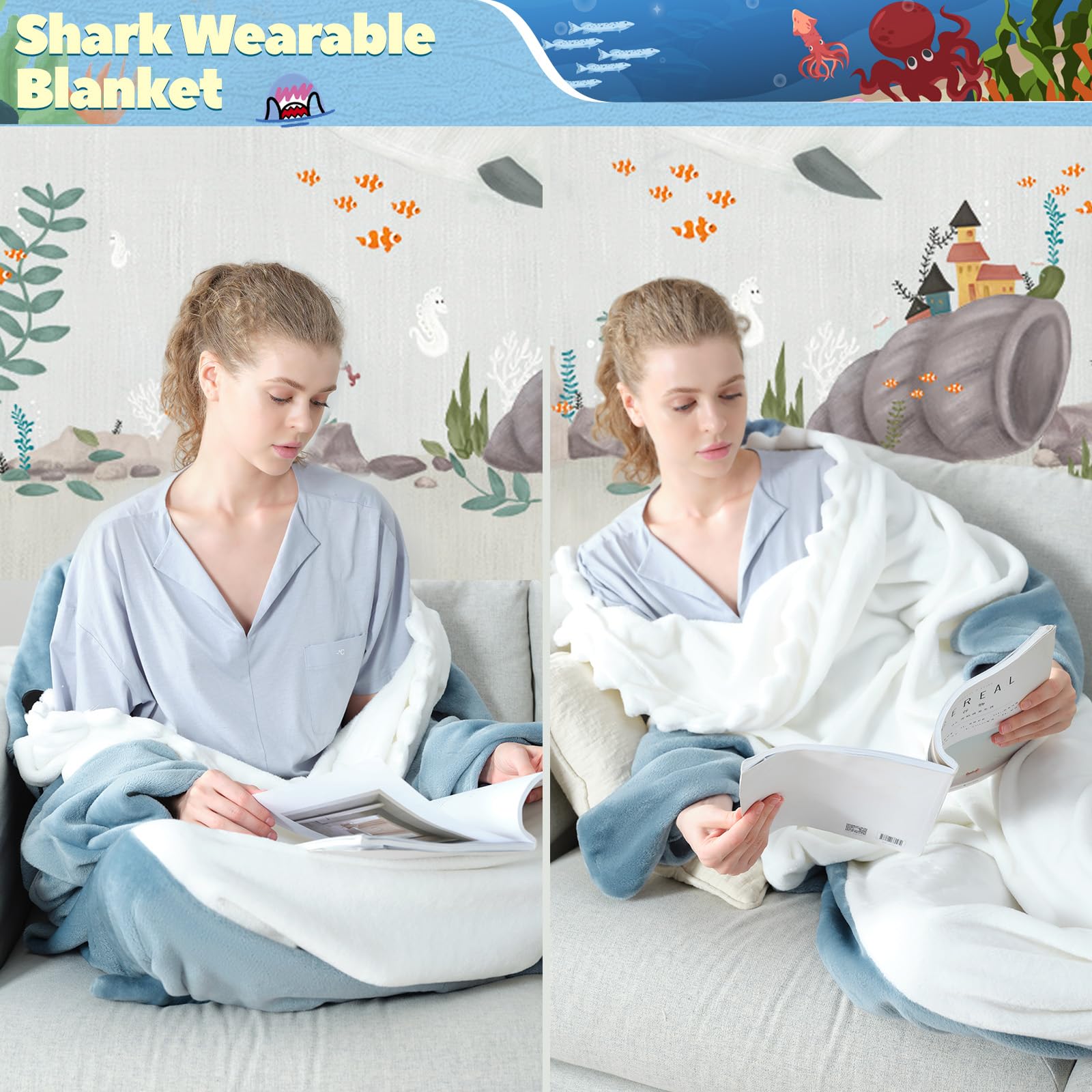 Touchat Shark Blanket for Adult Super Soft Cozy Flannel Throw Wearable Blanket, Cartoon Animals Shark Blanket Hoodie, Sleeping Bag Cosplay Shark Costume Blanket Gifts for Shark Lovers (Blue, XL)