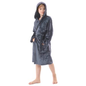 v.&grin boys fleece robe, hooded toddler soft fuzzy bathrobe for kids 3-14 years（gray 9-10）