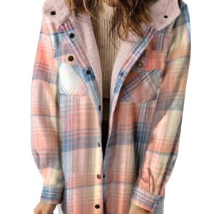 Dokotoo Fashion 2024 Winter Womens Ladies Plaid Shacket Jacket Women Sherpa Lined Fleece Fur Hooded Button Down Long sleeve Flannel Shirts Fluffy Warm Thick Oversized Outwear Coat with Pockets Pink M