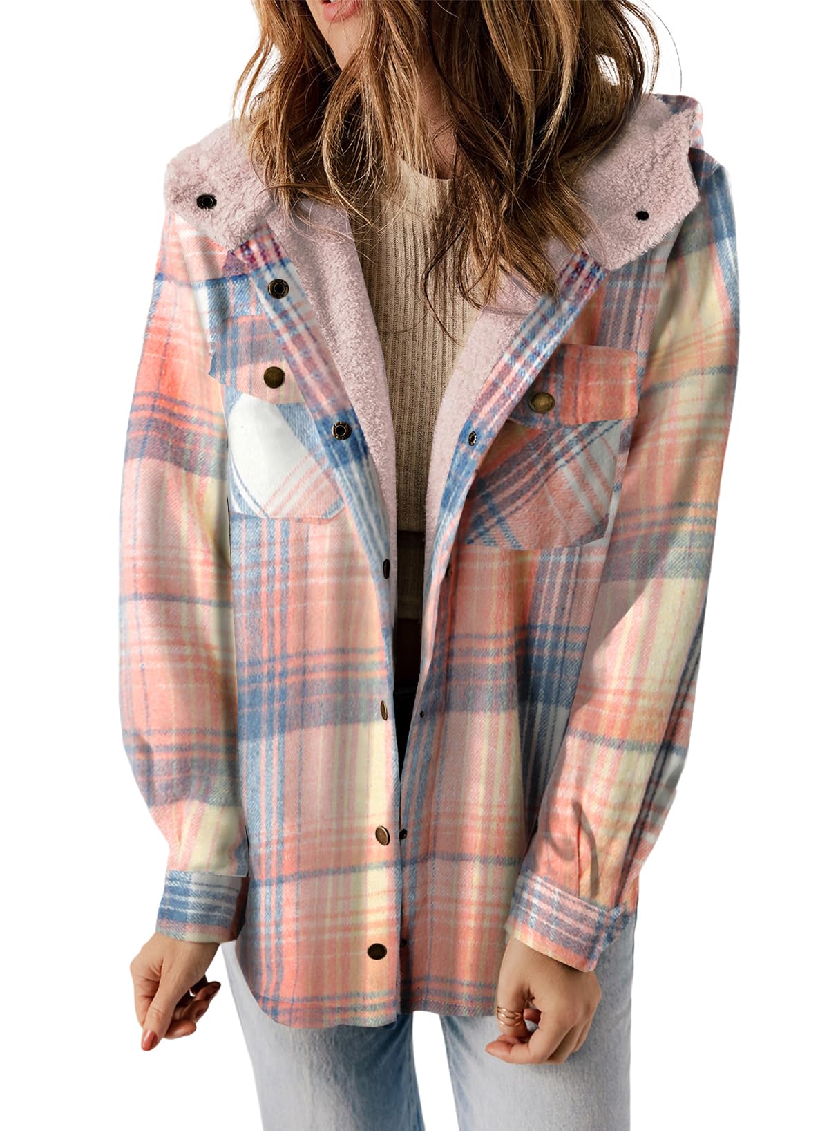 Dokotoo Fashion 2024 Winter Womens Ladies Plaid Shacket Jacket Women Sherpa Lined Fleece Fur Hooded Button Down Long sleeve Flannel Shirts Fluffy Warm Thick Oversized Outwear Coat with Pockets Pink M