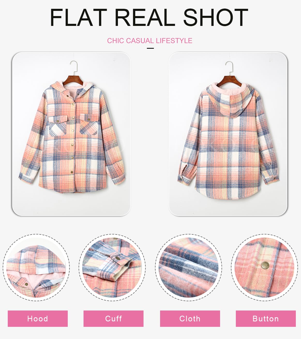 Dokotoo Fashion 2024 Winter Womens Ladies Plaid Shacket Jacket Women Sherpa Lined Fleece Fur Hooded Button Down Long sleeve Flannel Shirts Fluffy Warm Thick Oversized Outwear Coat with Pockets Pink M