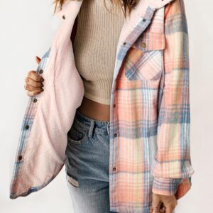 Dokotoo Fashion 2024 Winter Womens Ladies Plaid Shacket Jacket Women Sherpa Lined Fleece Fur Hooded Button Down Long sleeve Flannel Shirts Fluffy Warm Thick Oversized Outwear Coat with Pockets Pink M