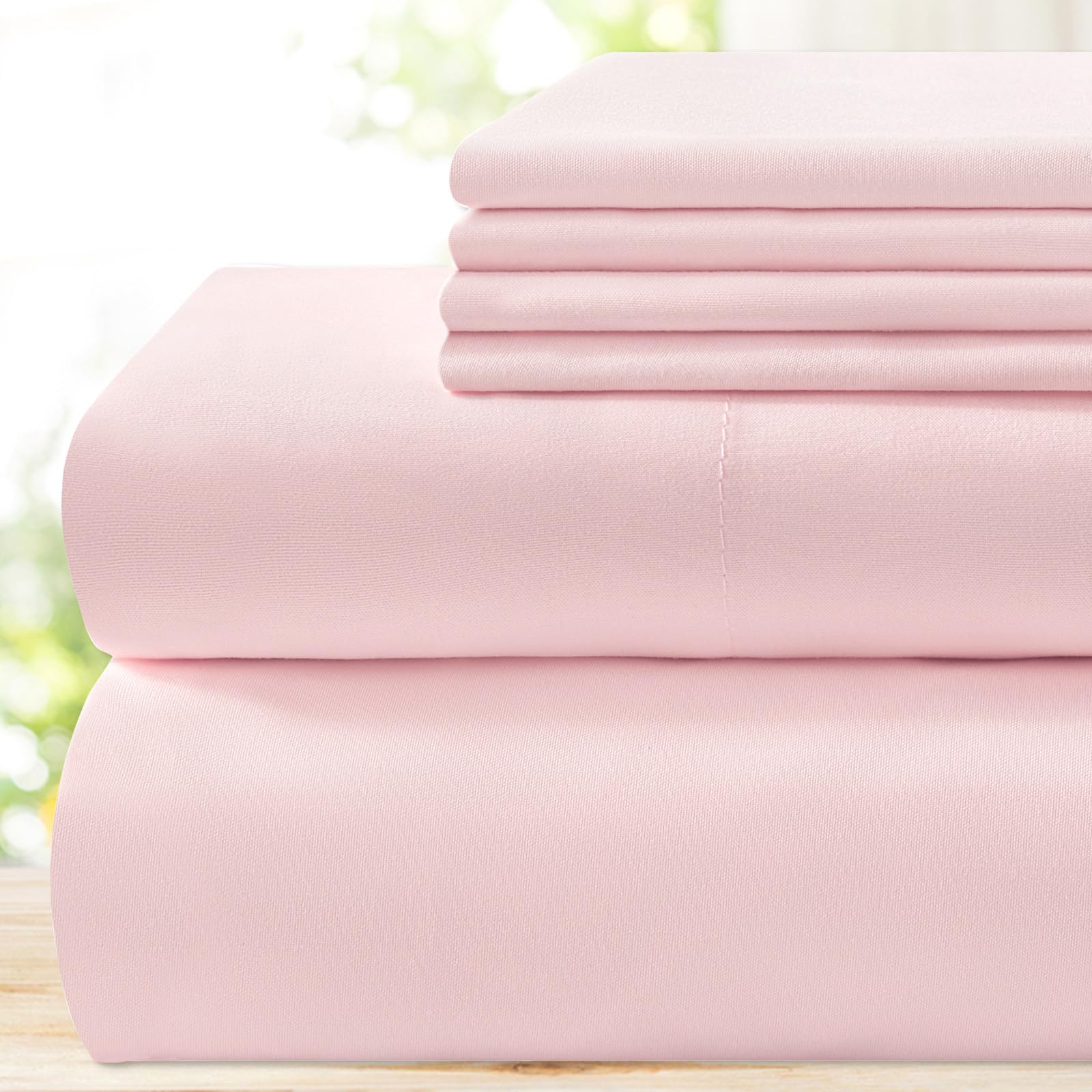 BYSURE 6 Pieces Bed Sheets Set(Queen, Light Pink) - Super Soft 1800 Thread Count 100% Microfiber Sheets with Deep Pockets, Wrinkle & Fade Resistant