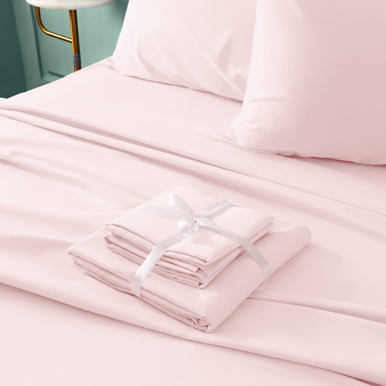 BYSURE 6 Pieces Bed Sheets Set(Queen, Light Pink) - Super Soft 1800 Thread Count 100% Microfiber Sheets with Deep Pockets, Wrinkle & Fade Resistant