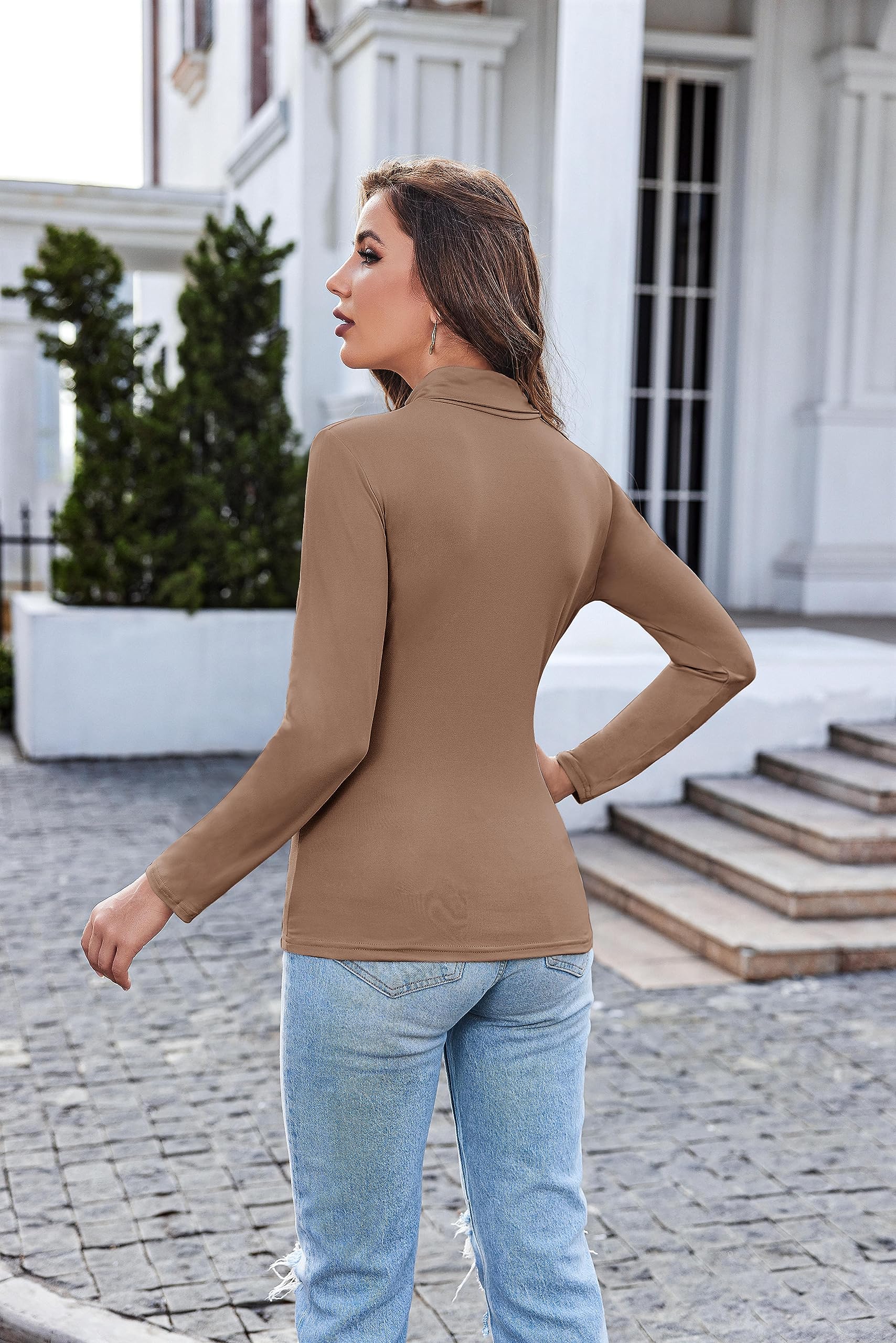 Ekouaer Women's Turtleneck Long Sleeve Shirts Lightweight Base Layer Solid Slim Fit Tops Brown S