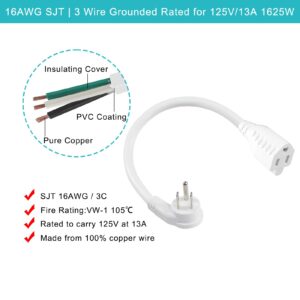 [2 PACK] Flat Plug Short Power Extension Cord - 8inch Low Profile Flat Plug 3 Prong Grounded Indoor Extension Cord, Rated for 13AMP,16AWG Heavy Duty White Electrical Extension Cord with Flat Head