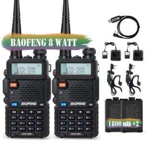 baofeng uv-5r ham radio 8w with 2 rechargeable batteries, long range handheld ham radios (vhf & uhf) with programming cable and earpiece(2pack)