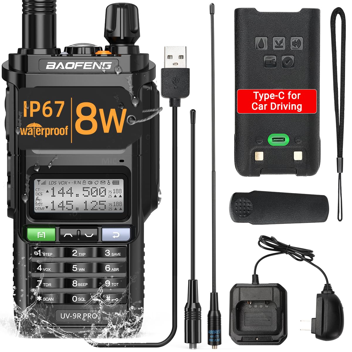 BAOFENG Radio UV-9R Pro Radio Handheld Waterproof IP67 Two-Way Radio,with Type-C Charger Rechargeable Long Range Walkie Talkie for Adult