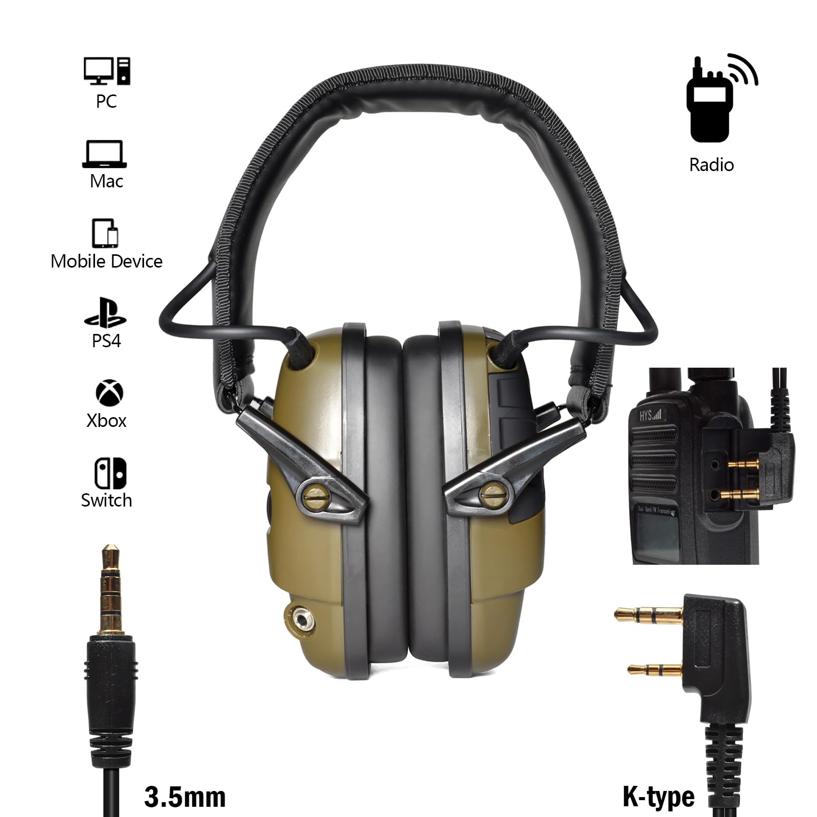 HYSHIKRA Sound Amplification Electronic Shooting Earmuff with PTT for Baofeng BF-888S UV5R Retevis RT22 RT27 RT15 RT19 Kenwood Two Way Radio