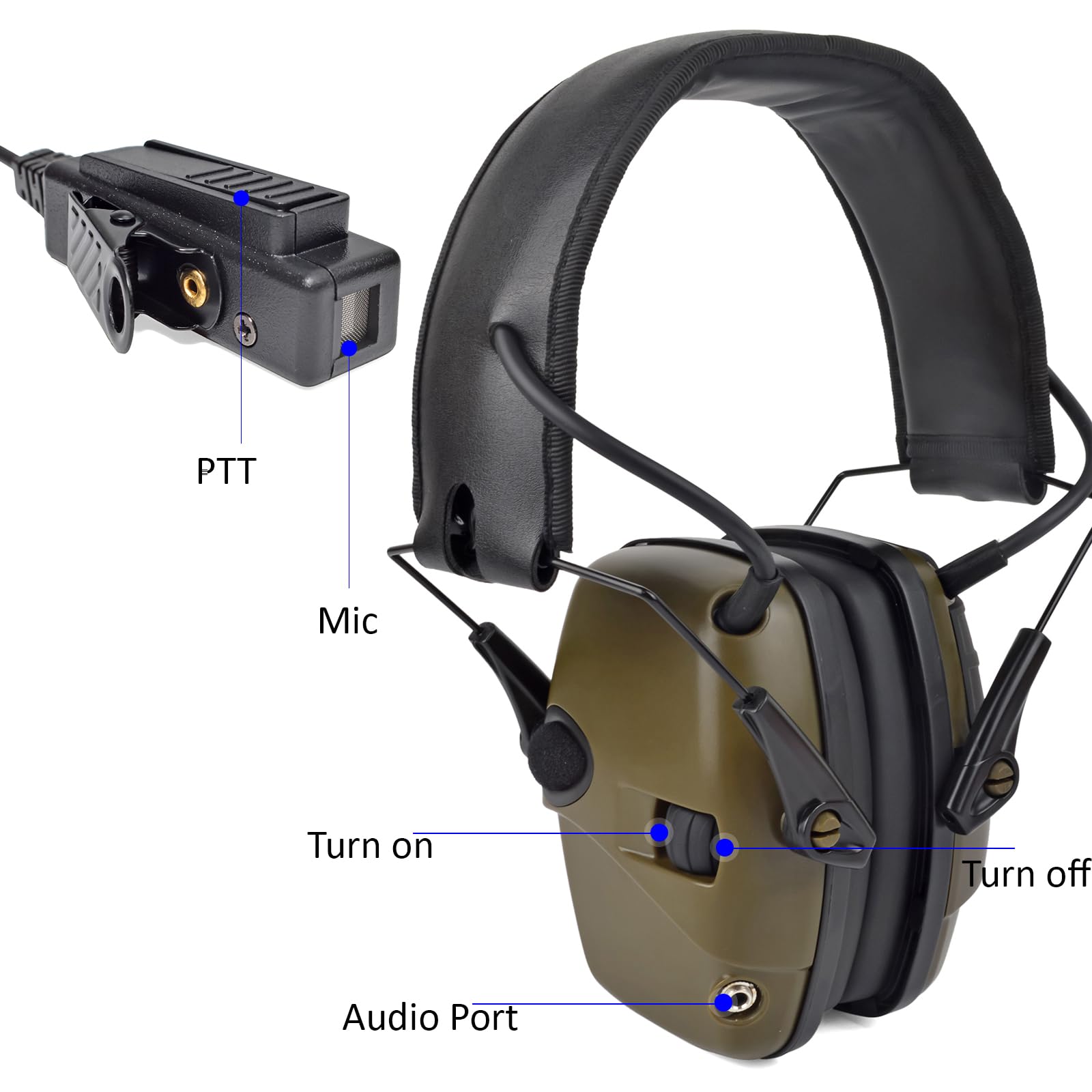 HYSHIKRA Sound Amplification Electronic Shooting Earmuff with PTT for Baofeng BF-888S UV5R Retevis RT22 RT27 RT15 RT19 Kenwood Two Way Radio