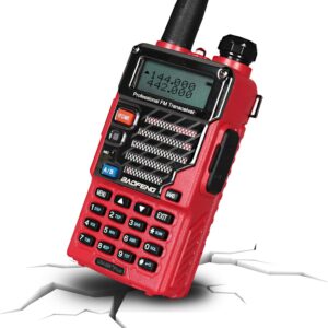 baofeng uv-5r+ plus two way radio, long range for adults rechargeable with earpiece, walkie talkie for outdoors, 144-148 420-450mhz, qualette series, flame red