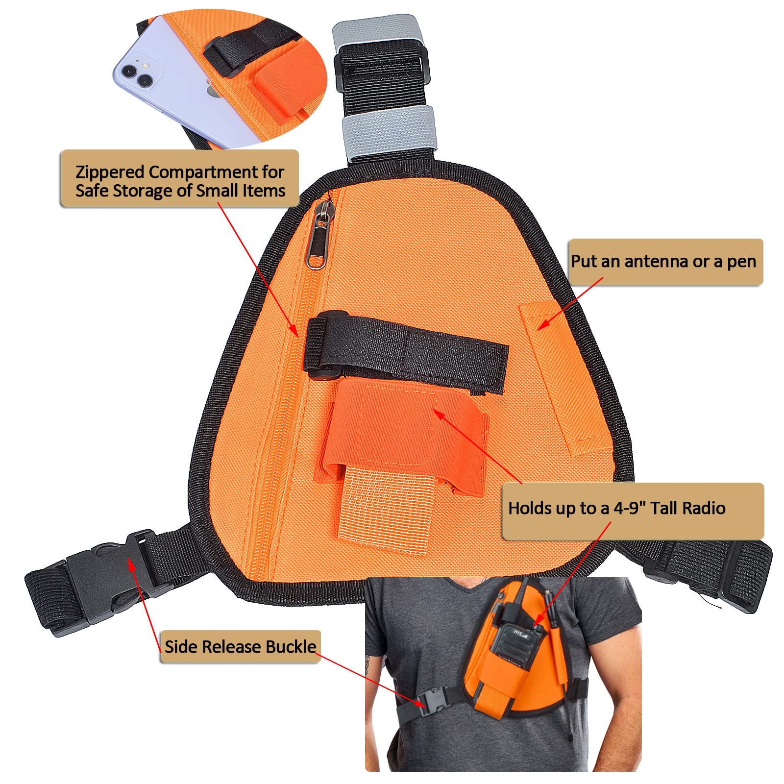 HYS Radio Chest Harness, Adjustable Shoulder Strap with an Adjustable Single Radio Pouch for Motorola Wonxun Kenwood baofeng Icom 2-way Radio (Orange, Large)