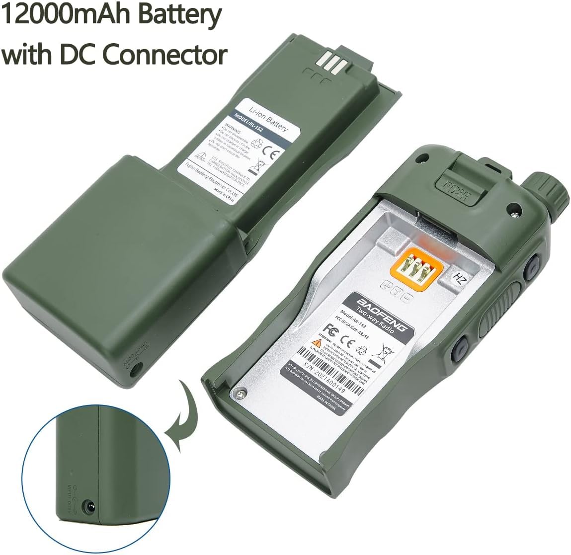 Baofeng AR-152 Original Battery BL-152 Li-ion Extend Battery Large Capacity Compatible with AR-152 Tactical Walkie Talkie Support USB Charger(2Pack,Green)