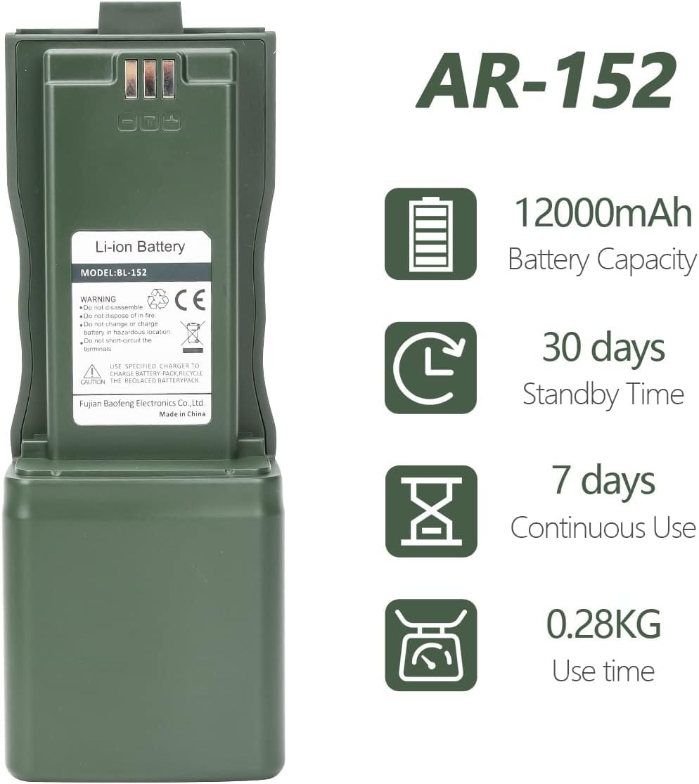 Baofeng AR-152 Original Battery BL-152 Li-ion Extend Battery Large Capacity Compatible with AR-152 Tactical Walkie Talkie Support USB Charger(2Pack,Green)