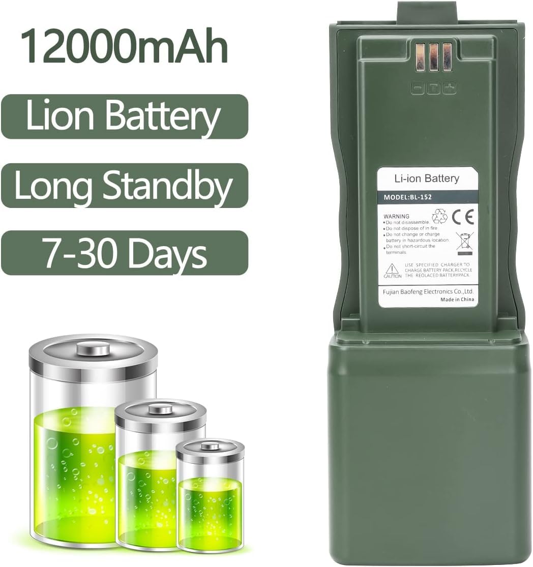 Baofeng AR-152 Original Battery BL-152 Li-ion Extend Battery Large Capacity Compatible with AR-152 Tactical Walkie Talkie Support USB Charger(2Pack,Green)