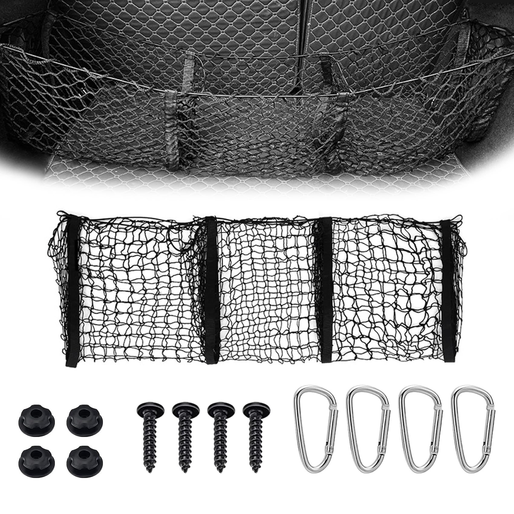 Cargo Net Trunk Bed Organizer, Cargo Storage Mesh Net, Mesh Storage Net with 4 Metal Hooks, Heavy Duty Cargo Net Car Storage Accessories Suitable for Car, SUV, Van, Pickup, Truck