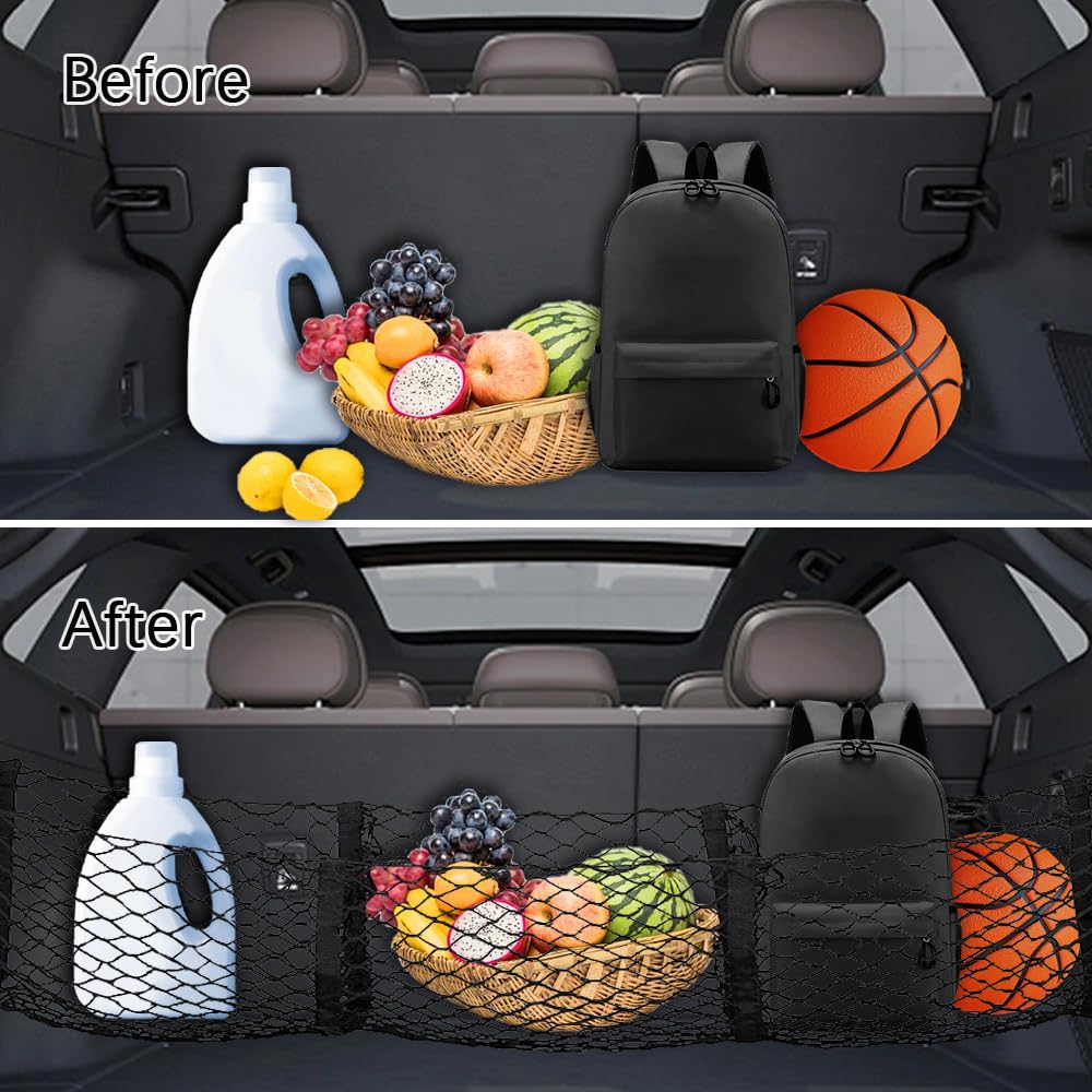 Cargo Net Trunk Bed Organizer, Cargo Storage Mesh Net, Mesh Storage Net with 4 Metal Hooks, Heavy Duty Cargo Net Car Storage Accessories Suitable for Car, SUV, Van, Pickup, Truck