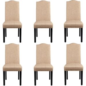 yaheetech dining chairs set of 6 upholstered parsons chairs, fabric dining room kitchen side chair with rubber wood legs and nailhead trim for living room, khaki