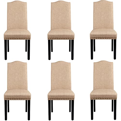 Yaheetech Dining Chairs Set of 6 Upholstered Parsons Chairs, Fabric Dining Room Kitchen Side Chair with Rubber Wood Legs and Nailhead Trim for Living Room, Khaki