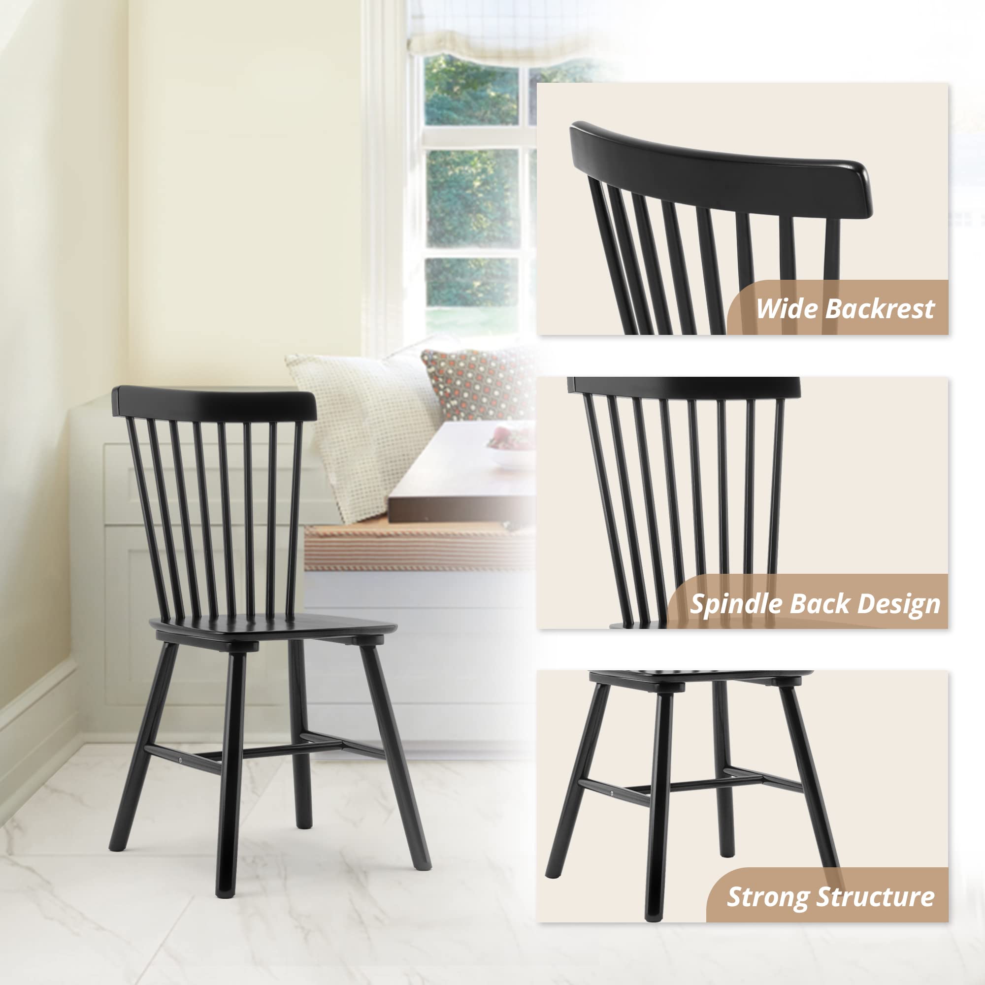 LUE BONA Windsor Dining Chair Set of 4, Spindle Back Wooden Chairs for Kitchen and Dining Room, Black