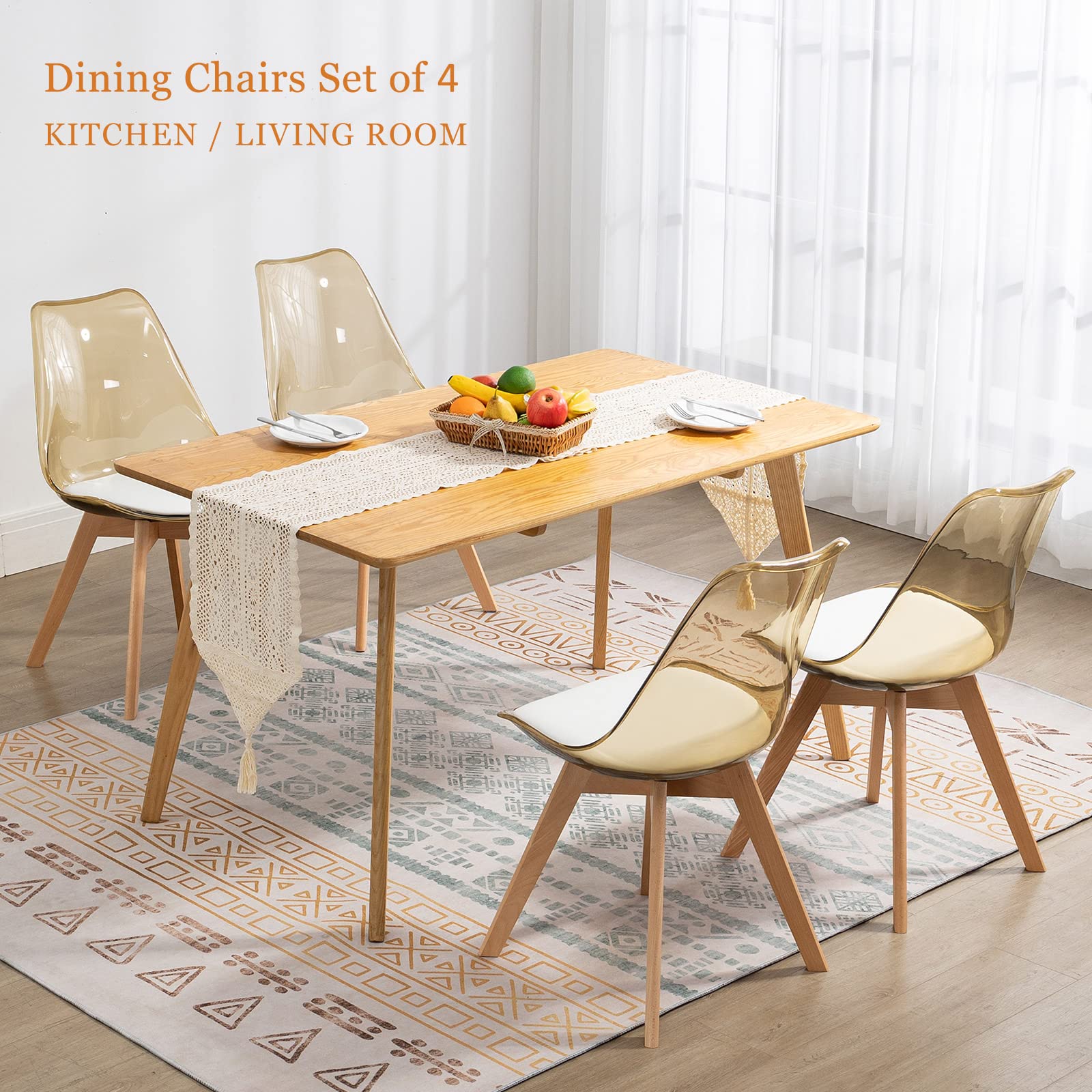 ANOUR Dining Chairs Set of 4, Modern Kitchen Clear Acrylic Accent Dinner Chairs with PU Leather Cushions Seat and Solid Beech Legs, Suitable for Living Room and Bedroom