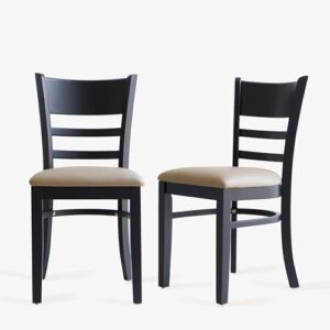 livinia cabin dining chair set of 2, solid malaysian oak pu leather upholstered cushion seat wooden ladder back side chairs (black) assembly required