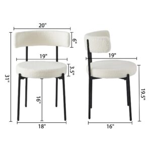 Honyee White Dining Chairs, Modern Dining Chairs Set of 2, Teddy Fleece Round Cushion Dining Room Chairs, Curved Backrest Dining Chairs with Black Metal Legs (White, 2Pcs)