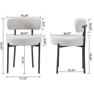 AISALL Light Grey Dining Chairs Set of 2 Round Upholstered Boucle Dining Room Chairs Mid-Century Modern Kitchen Chairs Curved Backrest Chairs for Dining Room Black Metal Legs