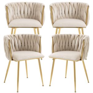 nrizc velvet dining chairs set of 4, woven upholstered dining chairs with gold metal legs, modern accent chairs for living room, dining room, kitchen