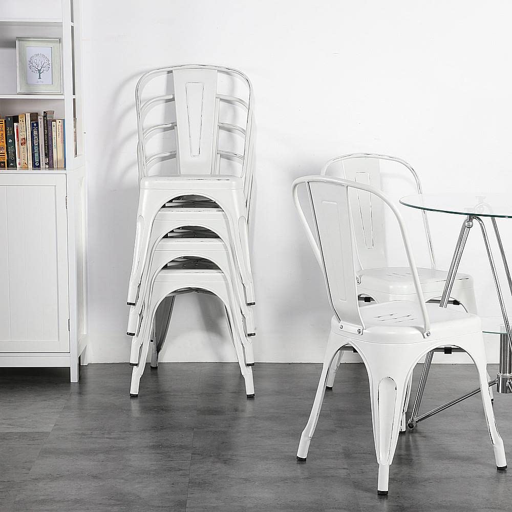 Yaheetech Metal Kitchen Dining Chairs Indoor-Outdoor Distressed Style Stackable Side Coffee Chairs in Distressed White, Set of 4