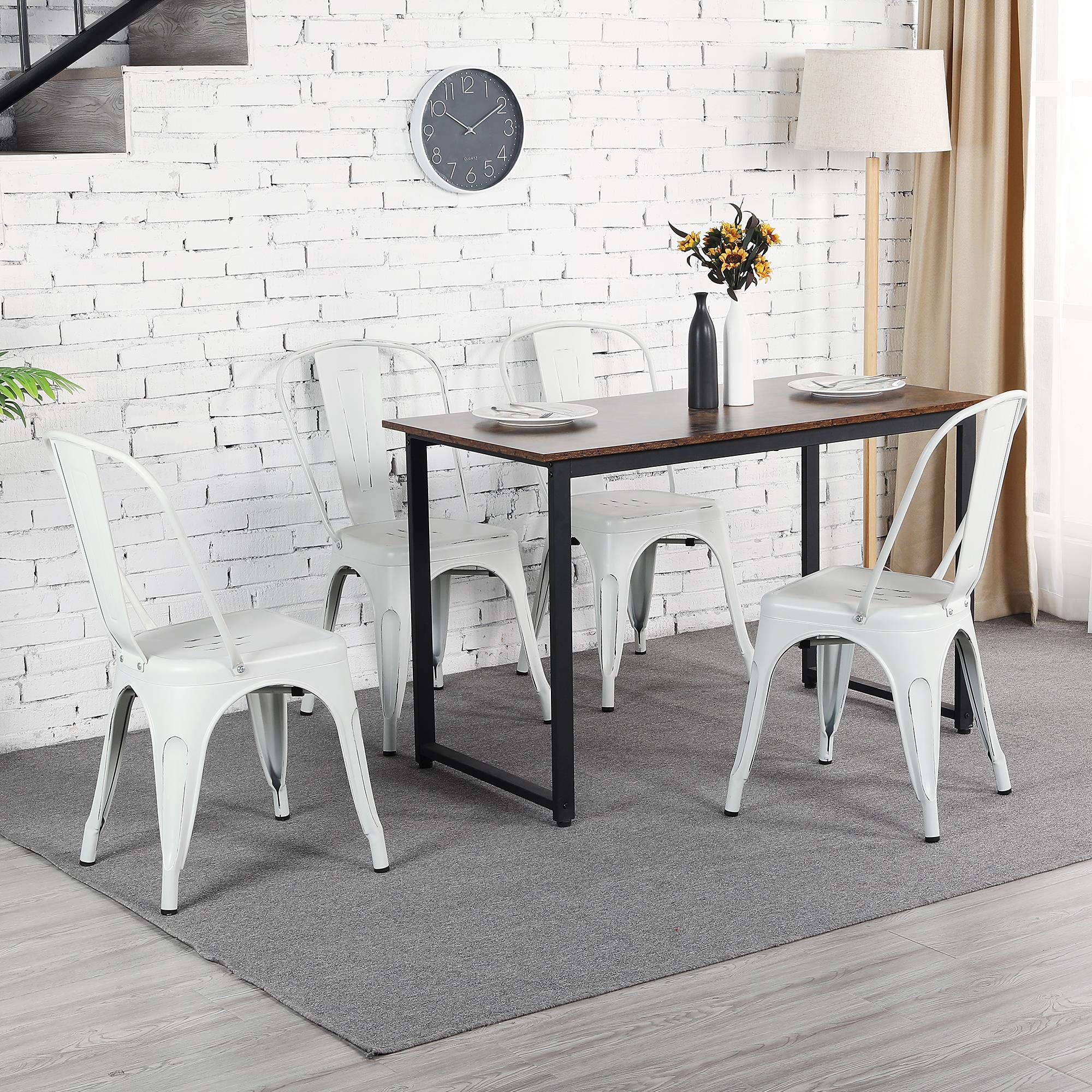 Yaheetech Metal Kitchen Dining Chairs Indoor-Outdoor Distressed Style Stackable Side Coffee Chairs in Distressed White, Set of 4