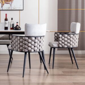 bfz mid-century modern dining chairs set of 2, handmade woven kitchen chairs, upholstered velvet dining chairs with metal legs for kitchen, dining room, living room