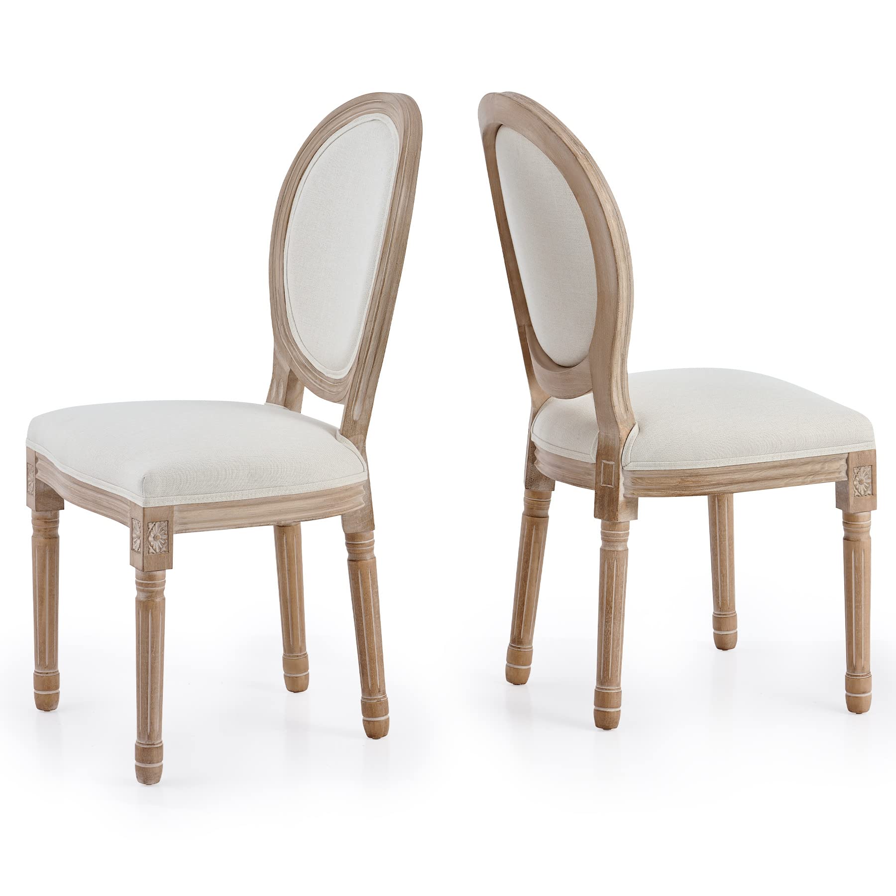 VONLUCE French Country Dining Chairs Set of 2, Wood Farmhouse Fabric Chairs with Oval Birch Backrest and Delicated Carved Rubberwood Legs, for Living Room Bedroom Kitchen, Beige