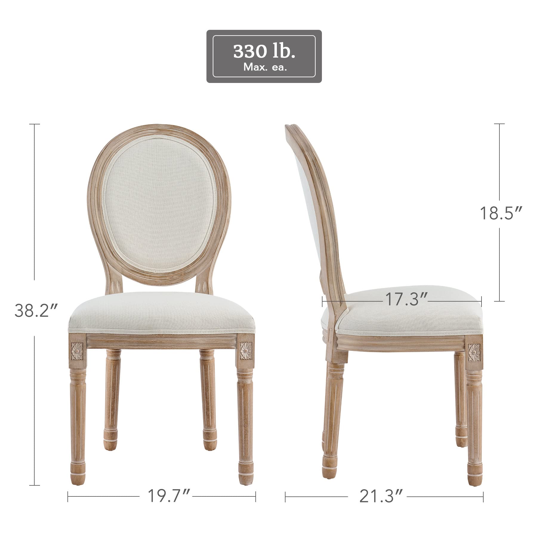 VONLUCE French Country Dining Chairs Set of 2, Wood Farmhouse Fabric Chairs with Oval Birch Backrest and Delicated Carved Rubberwood Legs, for Living Room Bedroom Kitchen, Beige