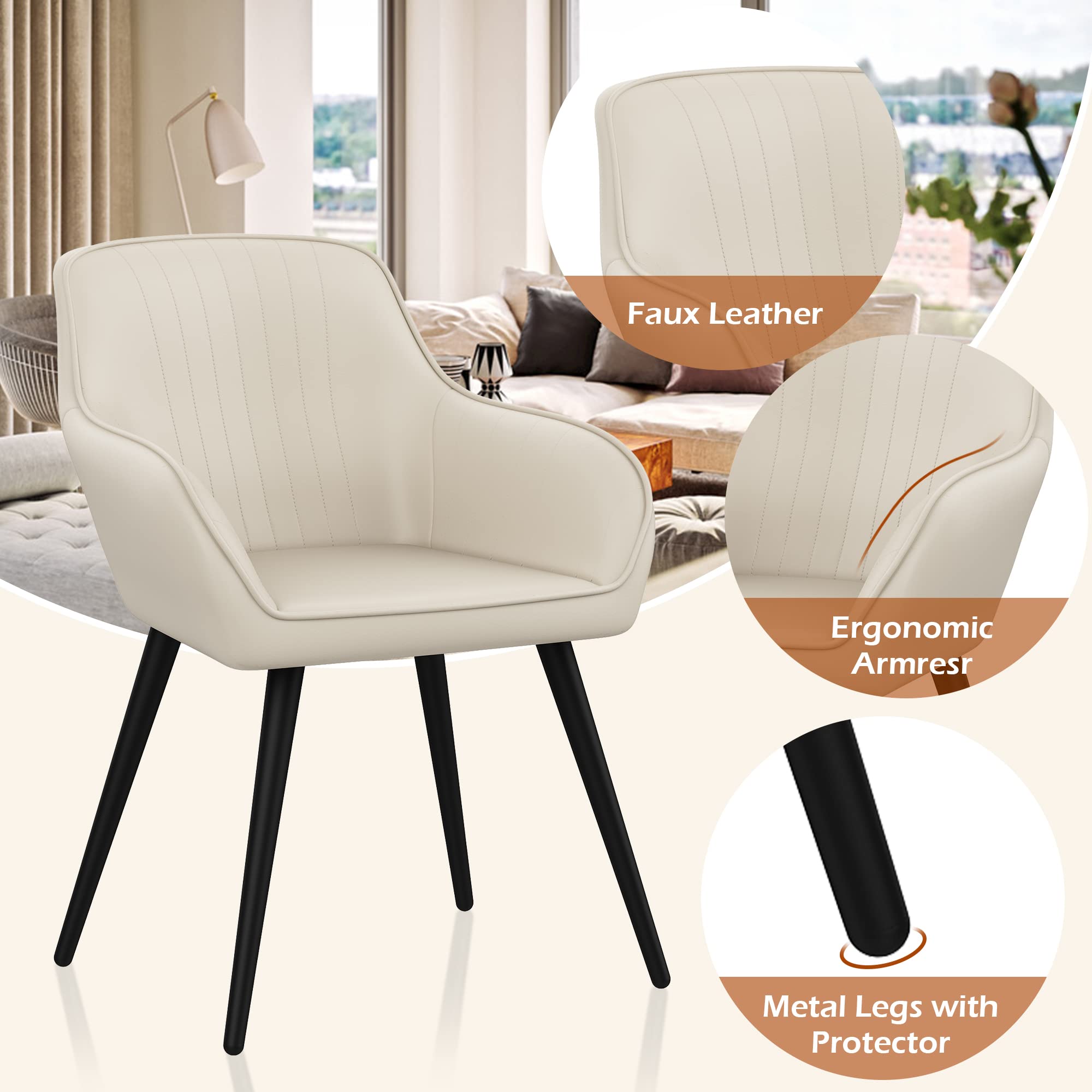 Awonde Faux Leather Accent Chair Set of 2 Modern Arm Chairs for Living Room Kitchen Dining Room Chairs with Metal Legs Beige