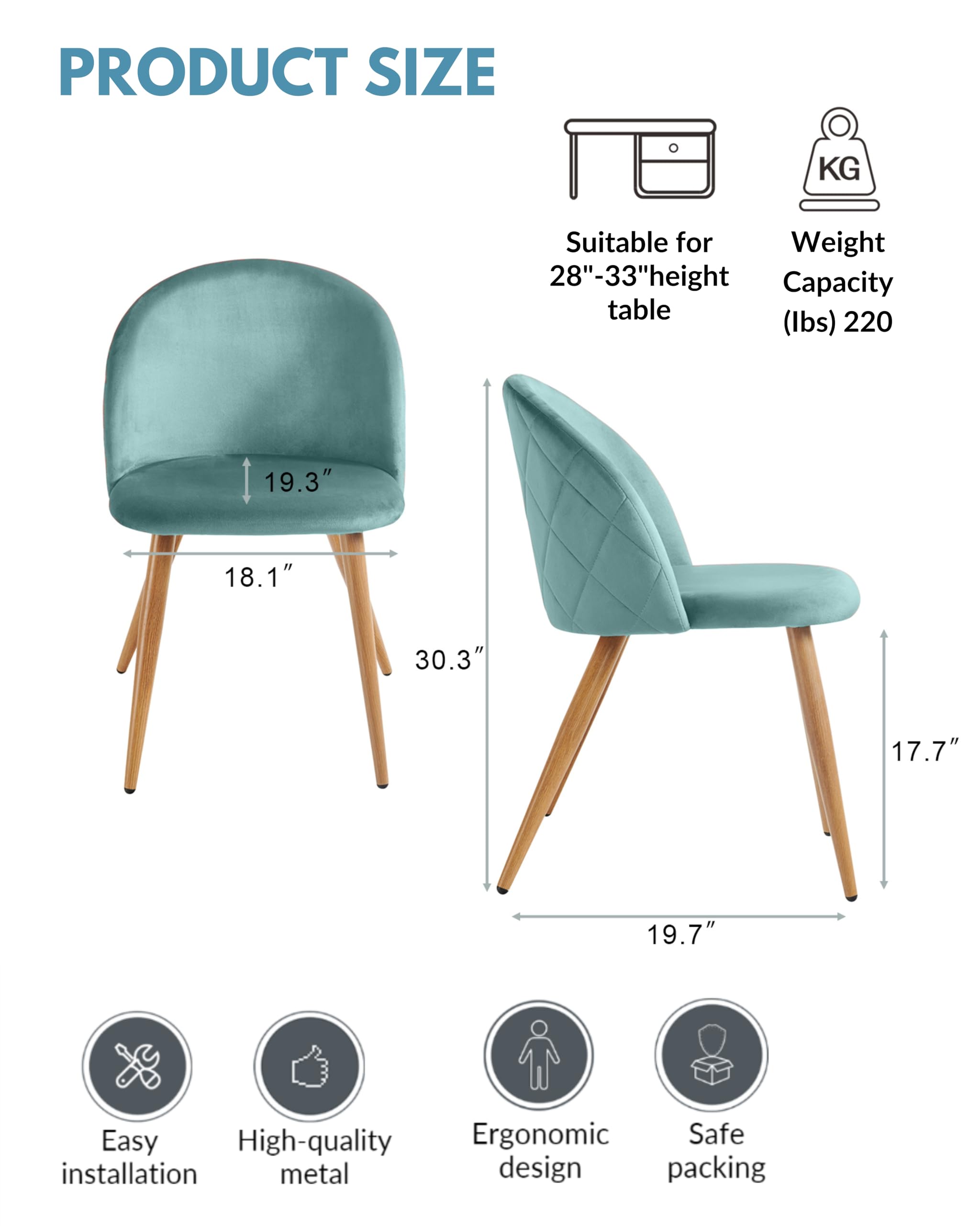 FurnitureR Dining Chairs Set of 2, Velvet Upholstered Kitchen Chairs Modern Dining Room Side Chairs with Soft Seat/Metal Legs, Accent Chairs for Home Restaurant, Aqua, Oak Leg