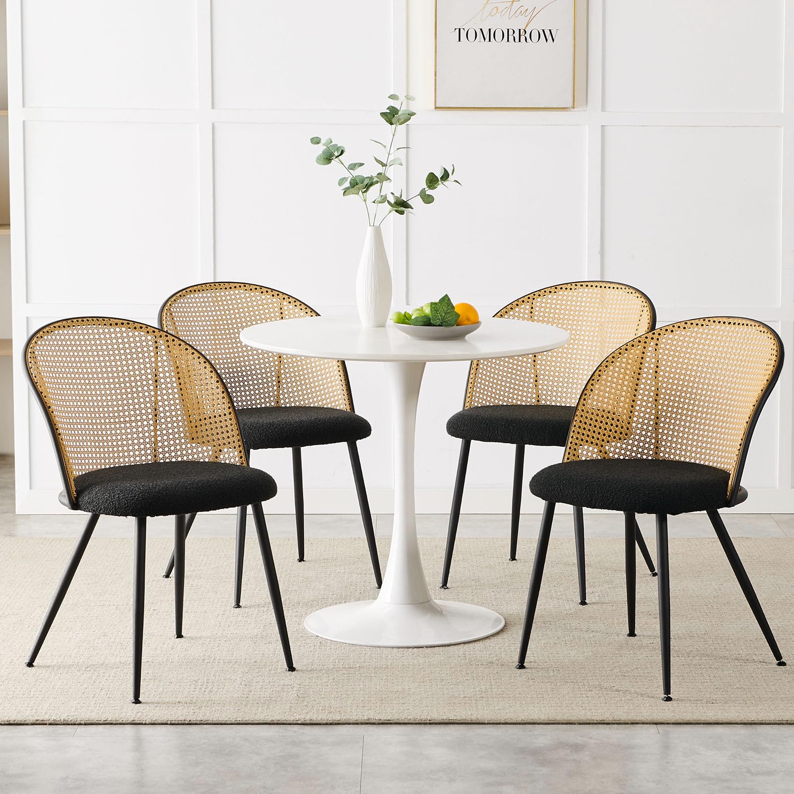 Dining Chairs Set of 4, Mid Century Modern Dining Room Chairs with Full Rattan Back, Boucle Fabric Upholstered Kitchen Dining Chairs Farmhouse Armless Mesh Cane Back Side Chairs with Metal Legs, Black