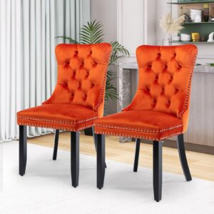 JETEAGO Velvet Dining Chair Set of 2, Upholstered Tufted Dining Room Chair with Nailhead Trim and Solid Wood Leg for Kitchen, Orange