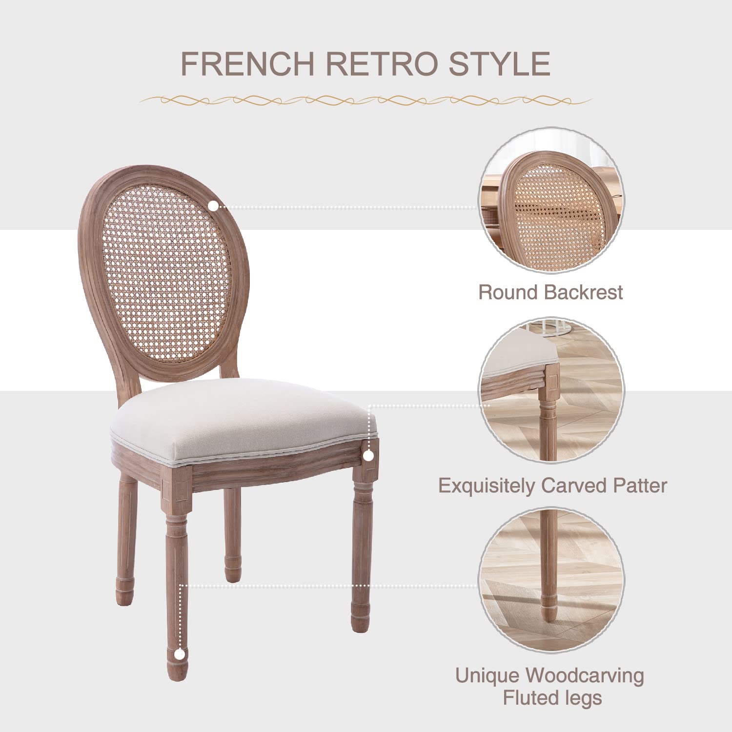 Virabit French Dining Chairs Set of 6, Rattan Farmhouse Upholstered Dining Chairs with Curved Backrest and Beautifully Carved Solid WoodFrame for Living Room, Kitchen, Restaurant