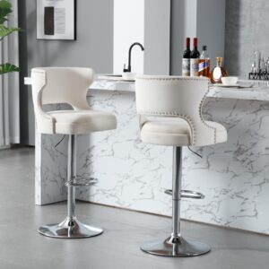 abet adjustable bar stools set of 2, velvet swivel counter barstools with hollow back footrest soft upholstered bar chairs for kitchen island dining room home bar bistro, beige, chrome base