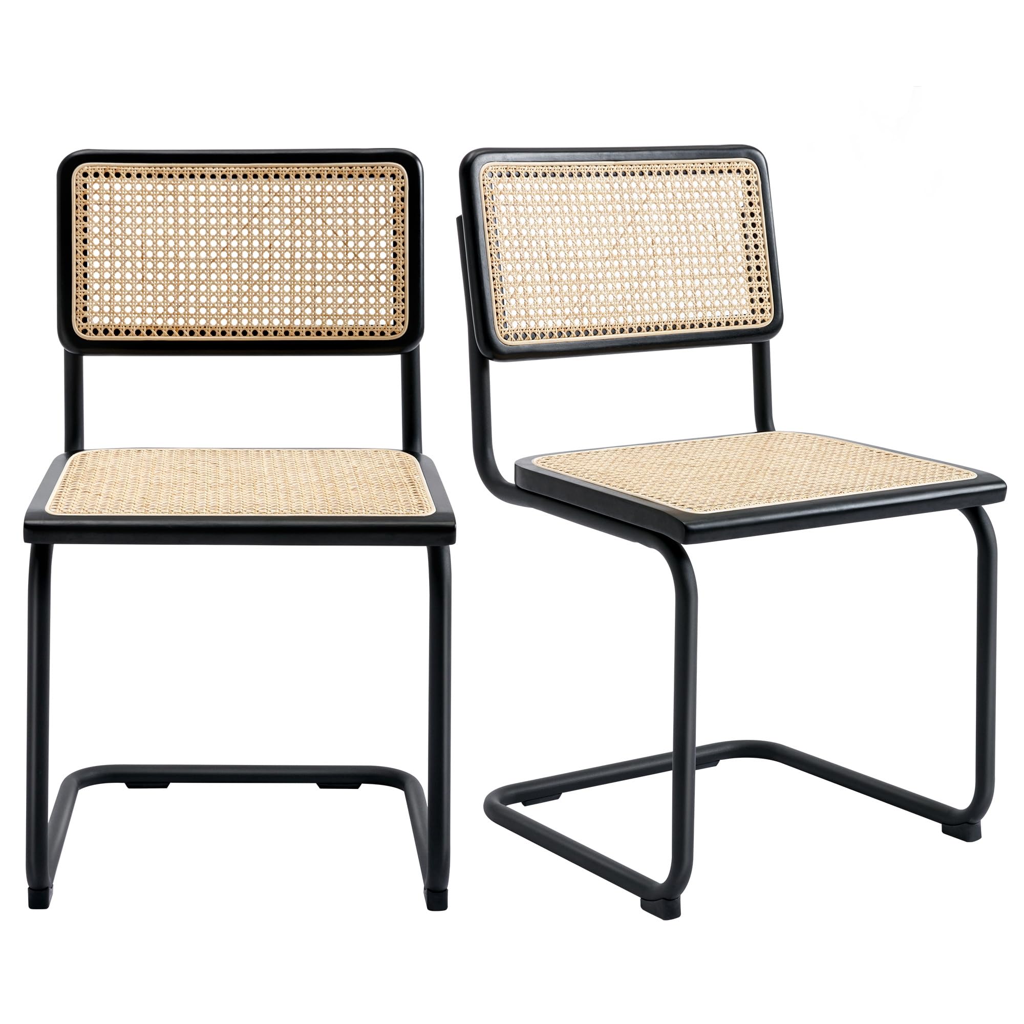 JIRAIN Rattan Dining Chairs Set of 2, Mid Century Modern Dining Chairs with Cane Back, Armless Accent Chair with Metal Legs, Upholstered Chair for Kitchen, Living Room, Black