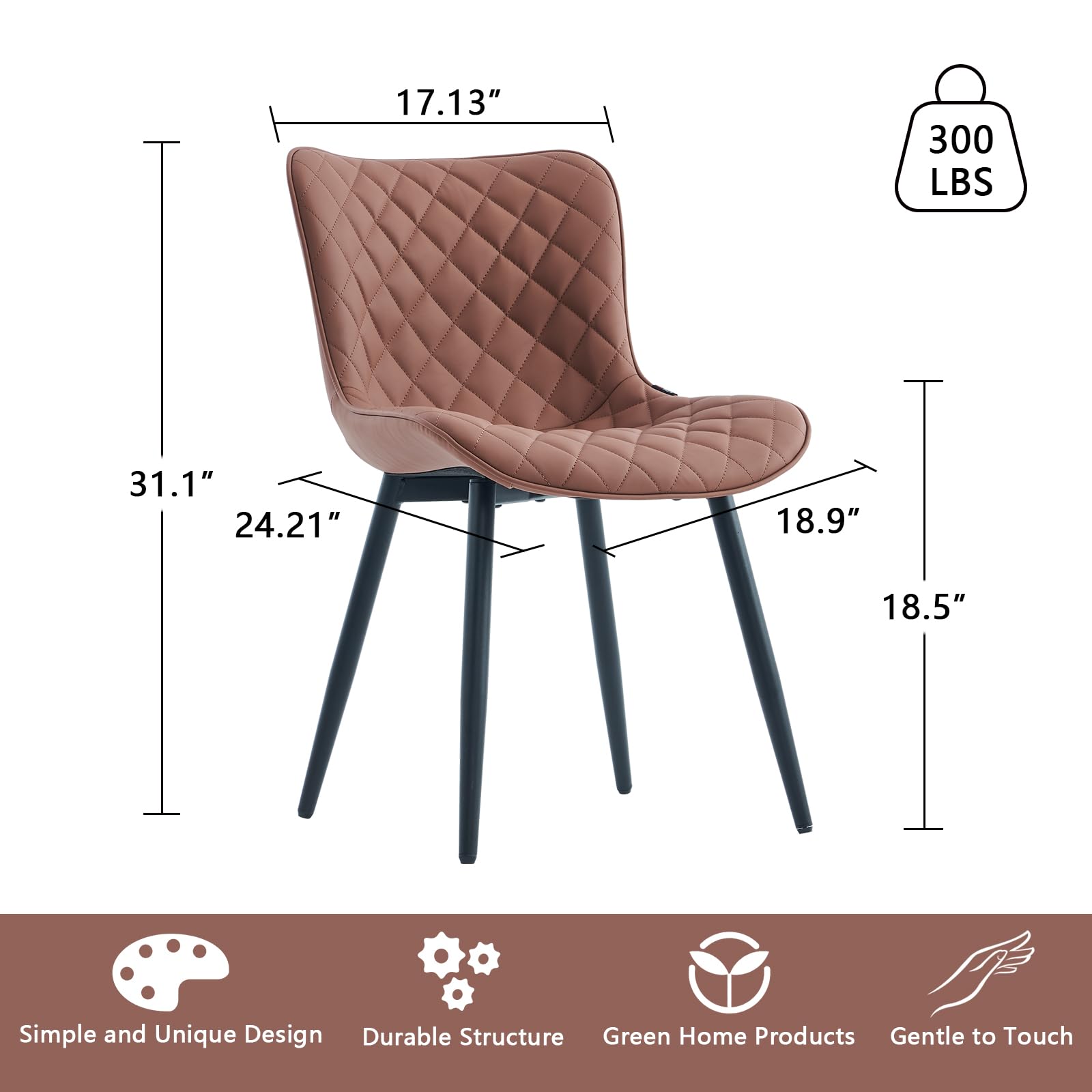 YOUTASTE Coffee Brown Dining Chairs Set of 2 Mid Century Modern PU Leather Diamond Upholstered Accent Guest Dinner Chair with Back Metal Legs for Kitchen Living Reception Waiting Room