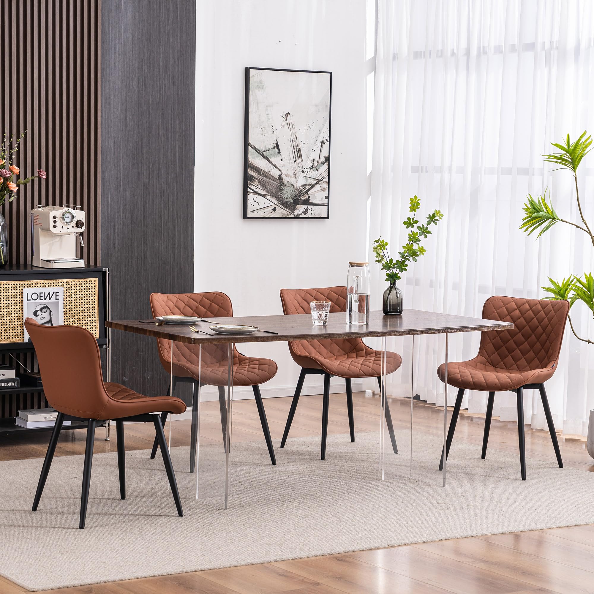 YOUTASTE Coffee Brown Dining Chairs Set of 2 Mid Century Modern PU Leather Diamond Upholstered Accent Guest Dinner Chair with Back Metal Legs for Kitchen Living Reception Waiting Room