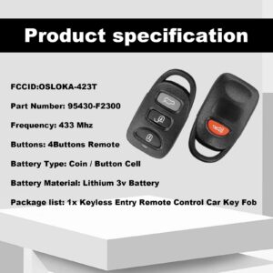 Car Keyless Fob Remote Replacement Fits for Hyundai Elantra 2016 2017 2018 2019 2020 OSLOKA-423T Keyless Entry Remote Control 433MHz 95430-F2300