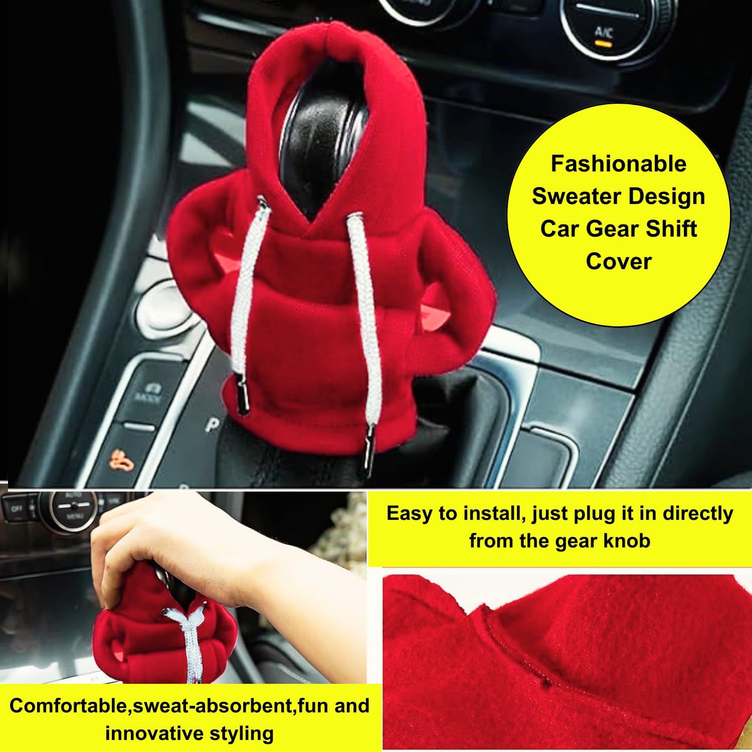 BACHTUTAI Gear Shift Hoodie, Hoodie Car Gear Shift Cover, Shifter Hoodie, Car Shifter Stick Protector Decoration. Car Novelty Decoration Gift for Family (Red).