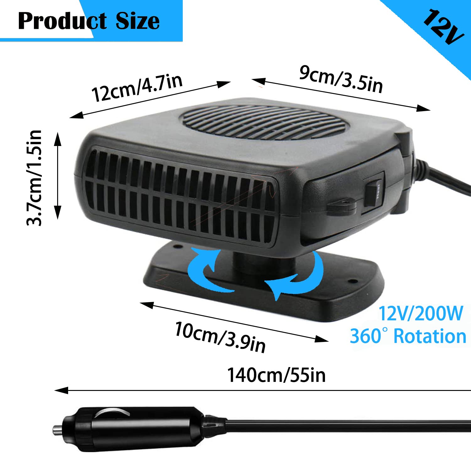 12V Car Heater,Portable 200W High Power 2 in 1 Fast Heating Defrost Defogger,Plug The Cigarette Lighter Directly Into The Cigarette Lighter Hole Of The Car, Suitable for all cars