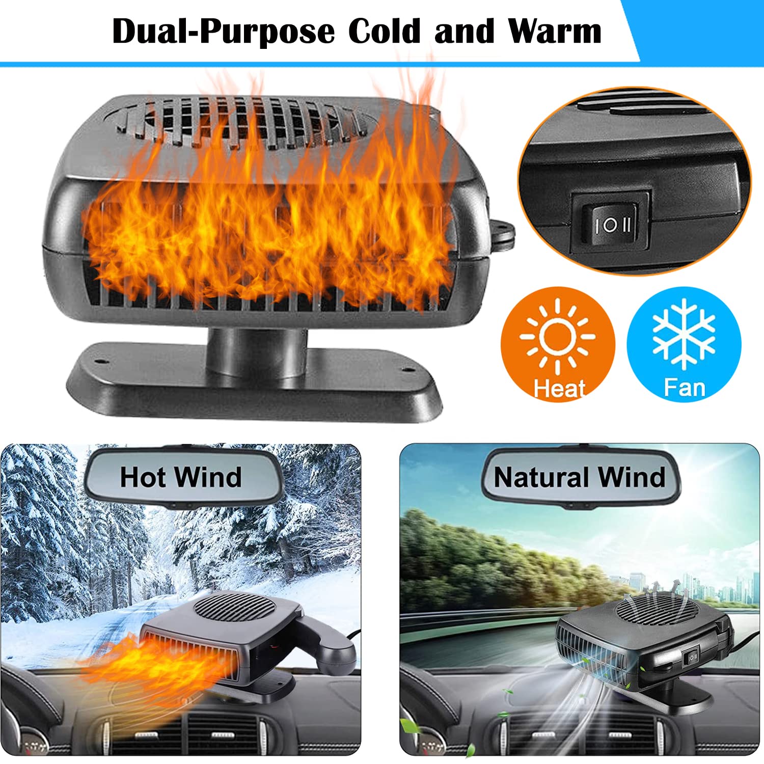 12V Car Heater,Portable 200W High Power 2 in 1 Fast Heating Defrost Defogger,Plug The Cigarette Lighter Directly Into The Cigarette Lighter Hole Of The Car, Suitable for all cars